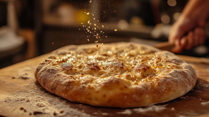 Artisan Pizza Preparation: Golden Crust with Cheese Topping Stock ...