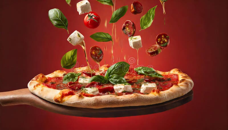 Artisan Pizza with Toppings Floating in the Air, Against a Deep Red ...