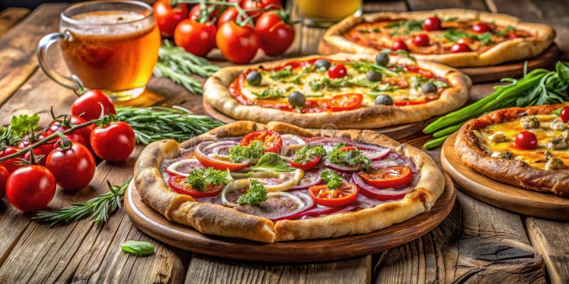 Artisan Pizzas with Diverse Toppings and a Refreshing Beverage ...