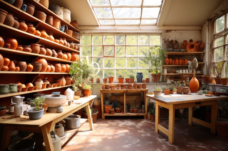 Artisan Pottery Studio with Earthenware and Natural Light Stock Image ...
