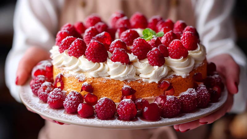 Artisan Raspberry Cream Cake Held by Baker in Hands of Pastry Chef ...
