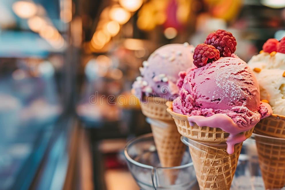 Artisan Raspberry Ice Cream Cones with Toppings Stock Image - Image of ...