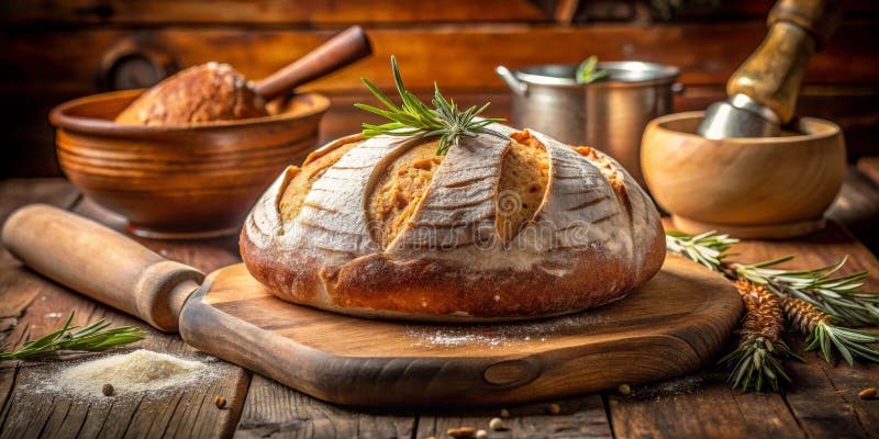 Artisan Round Loaf of Bread with Rosemary on Wooden Board. Generative ...