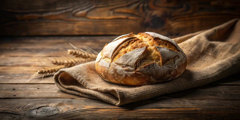 Artisan Round Loaf of Bread on Rustic Burlap and Wooden Surface ...