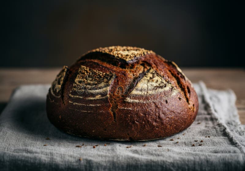 Artisan Rustic Round Loaf Sourdough Bread Linen Cloth Dark Background ...