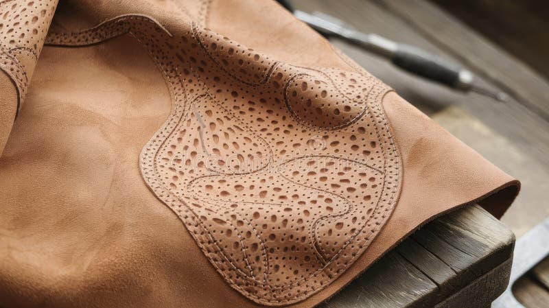 Artistic Close-up of Intricately Designed Leather Craftwork on a Wooden ...