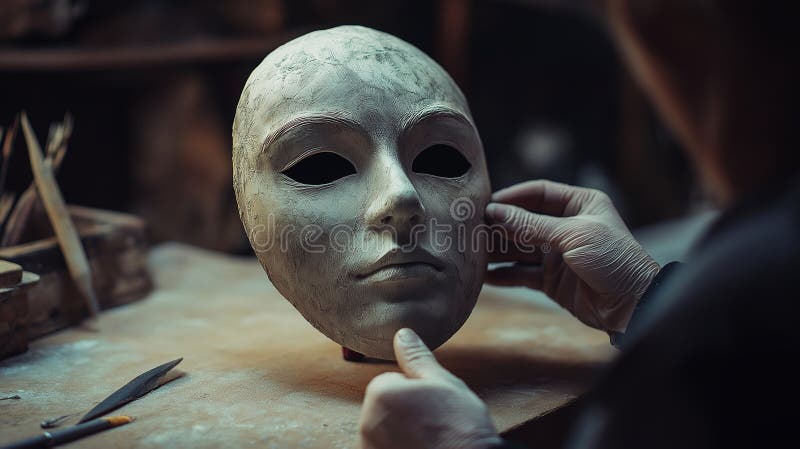 Artisan Sculpting, Creating, Detailing Large White Mask in Workshop ...
