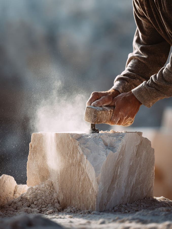 Artisan Shaping Stone with Hammer Chisel. Concept Craftsmanship ...