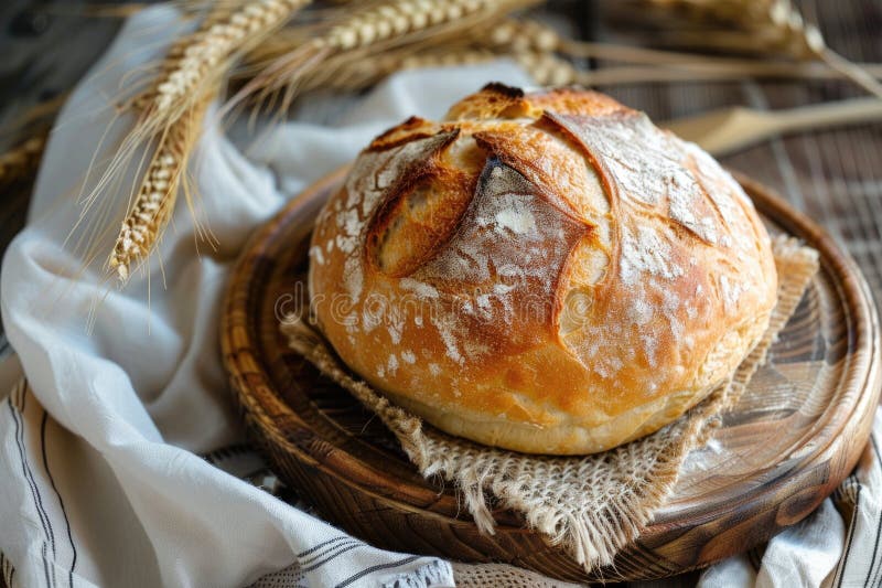 Artisan Sourdough Bread on Rustic Table with Wheat Stalks Stock Photo ...