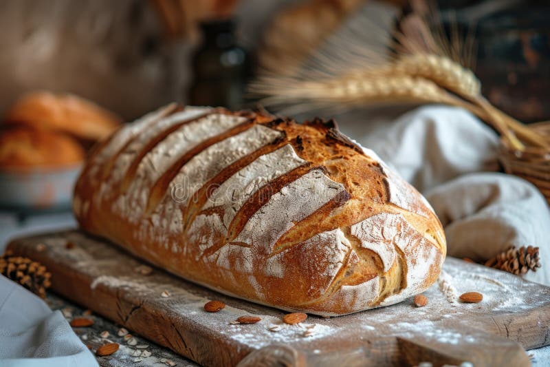 Artisan Sourdough Bread on Rustic Table with Wheat Stalks Stock Image ...