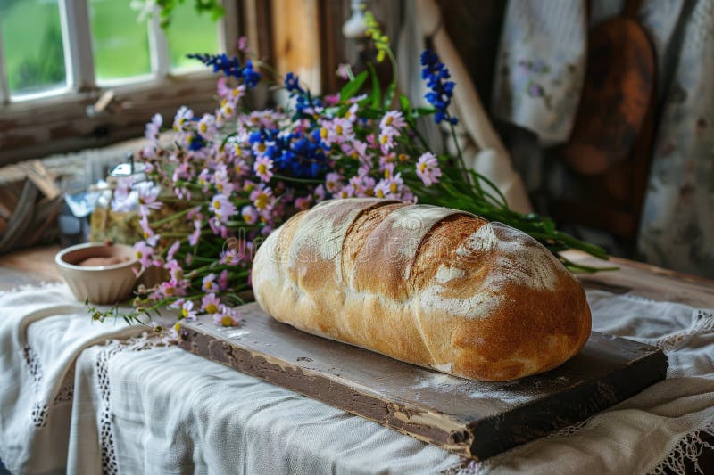 Artisan Sourdough Bread on Rustic Table with Wheat Stalks Stock Photo ...