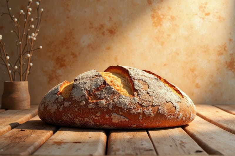 Artisan Sourdough Bread on Rustic Wooden Table in Warm Sunlight Stock ...