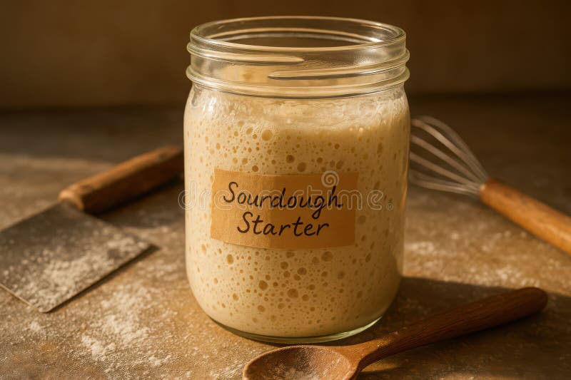 Artisan Sourdough Starter in Jar with Rustic Kitchen Tools and Warm ...