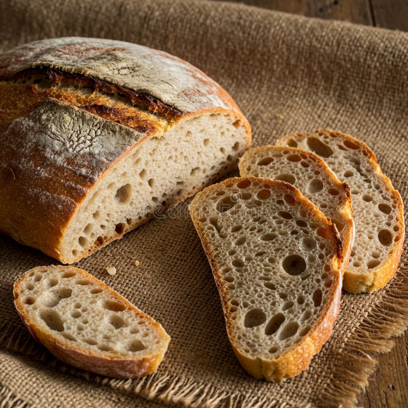 Artisan-style Loaf of Bread and Three Slices on a Rustic Burlap Cloth ...
