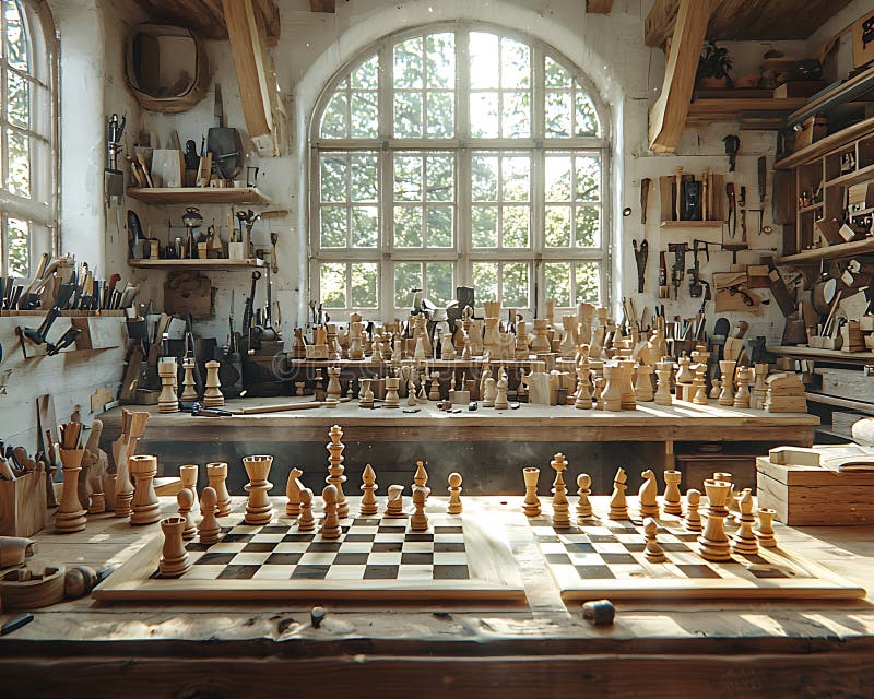 Artisan Woodworking Studio with Handcrafted Chess Sets and Tools. Stock ...
