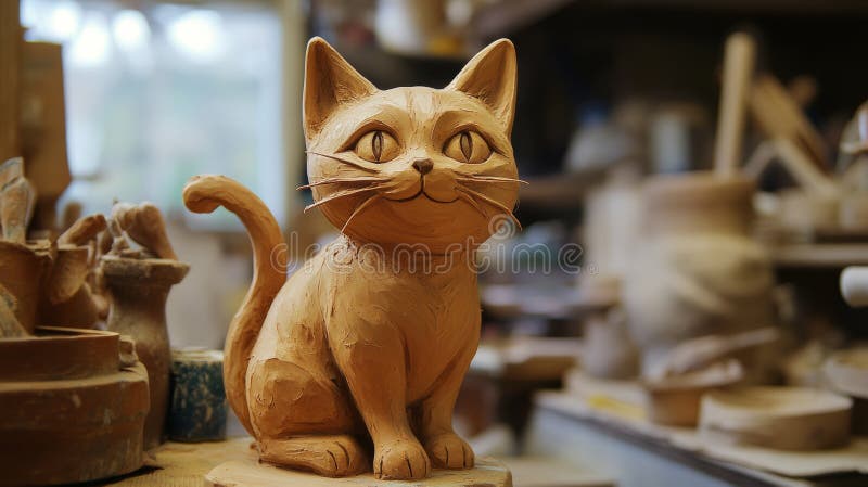 Artisan Workshop Showcasing a Unique Clay Sculpture of a Cat Figurine ...
