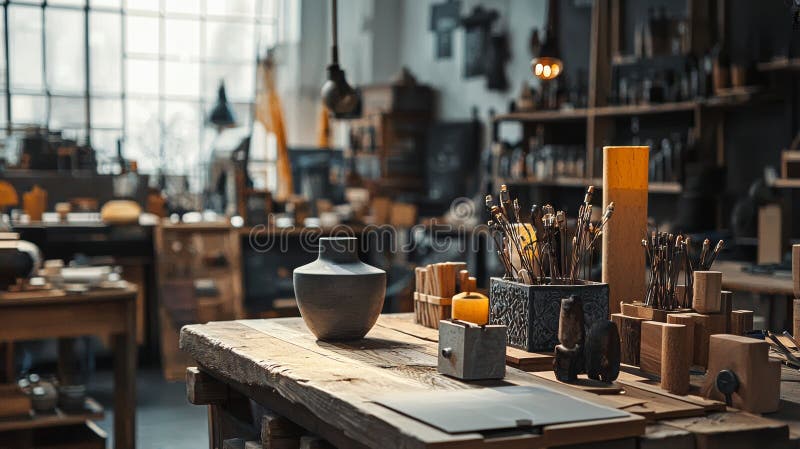 Artisan Workshop Table with Pottery and Craft Tools Stock Photo - Image ...