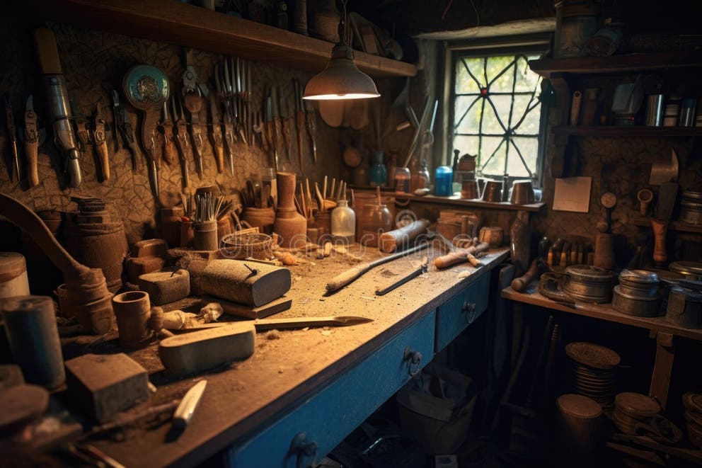 Artisan Workshop with Tools and Materials for Crafting Knives Stock Illustration - Illustration ...
