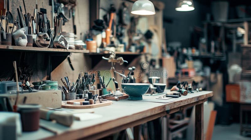 Artisan Workshop with Various Tools and Materials on a Workbench Stock ...