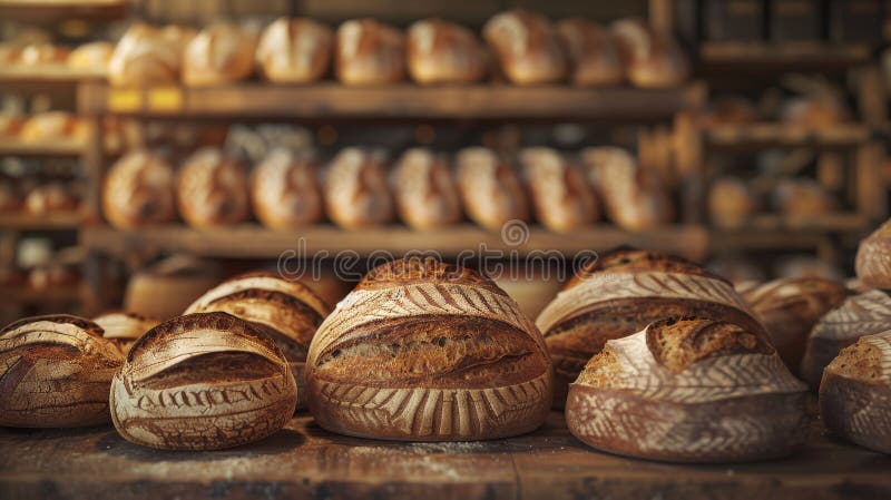 Artisanal Bread Display Golden Crusts and Unique Textures in a Cozy ...