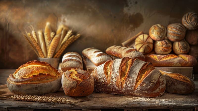 Artisanal Bread Display Golden Crusts and Unique Textures in a Warm ...