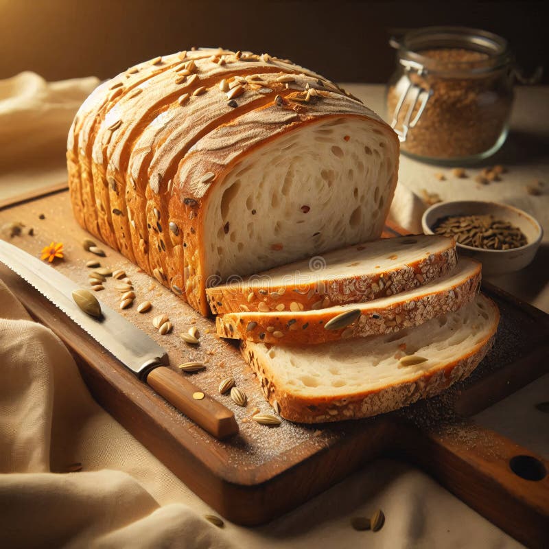 Artisanal Bread, Sliced, Seeds, Rustic Wood, Warm Light, Kitchen Scene ...