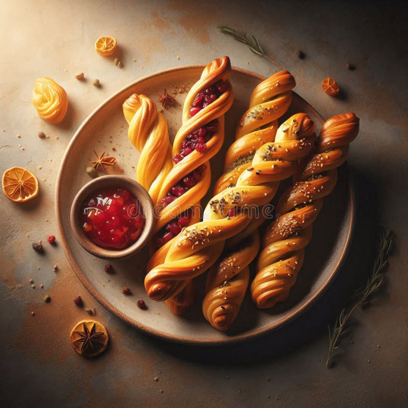 Artisanal Bread Twists with Various Toppings, Served on a Plate with ...