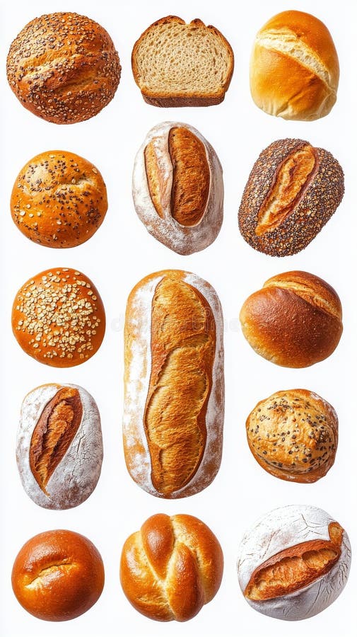 Artisanal Breads of Various Shapes and Textures Displayed on a White ...