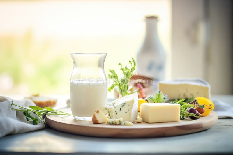 Artisanal Cheese Platter with a Glass of Milk in Soft Light Stock Image ...
