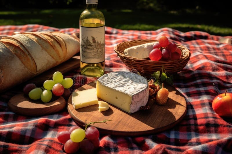 Artisanal Cheese Platter and Wine Bottle on a Picnic Blanket Stock ...