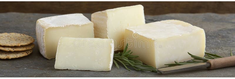 Artisanal Cheese Selection. Close-Up of Cut Cheese Blocks on Rustic ...