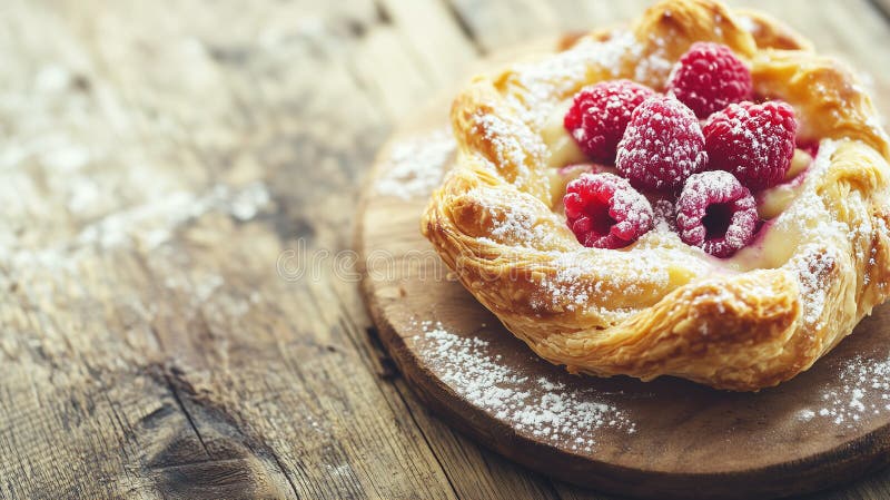 Artisanal Danish Pastry with Fresh Raspberries on Rustic Wooden Board ...
