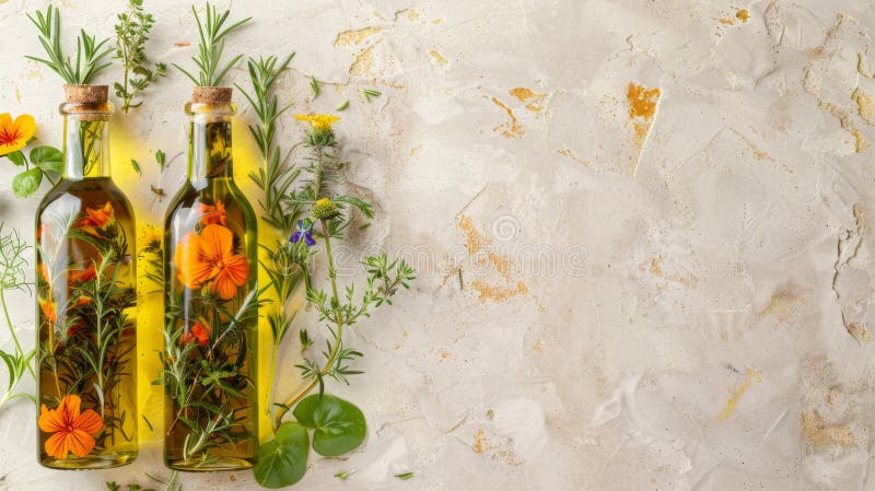 Artisanal Herb-Infused Olive Oil Bottles on Rustic Kitchen Backdrop ...