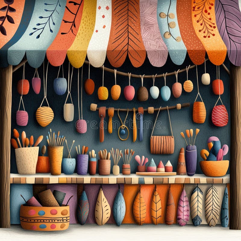 Artisanal Market Stall Filled with Crafts Stock Illustration ...