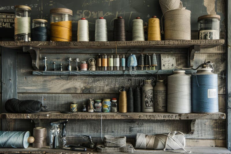 Artisanal Sewing Notions on Rustic Shelf Blend Function and Style Stock ...