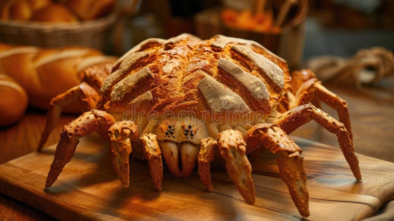 Unique Bread Loaf Resembling an Spider Resting on a Wooden Table, Ai ...
