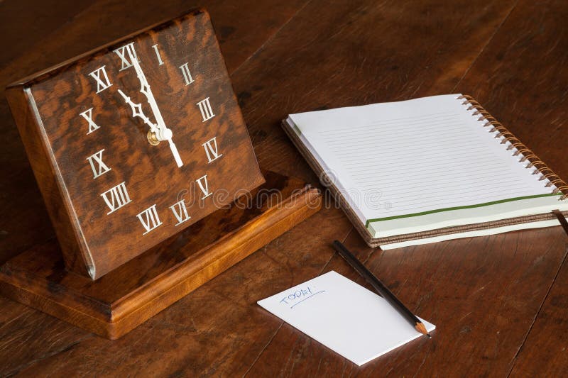 Artisanal Wooden Clock on the Table, with Paper To Notations Stock ...