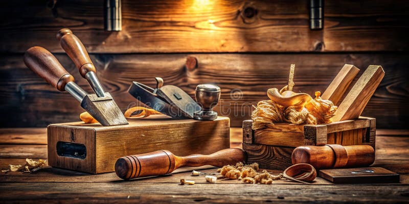 Artisancrafted Wooden Tools Exquisite Chisels Mallet and Plane Resting ...