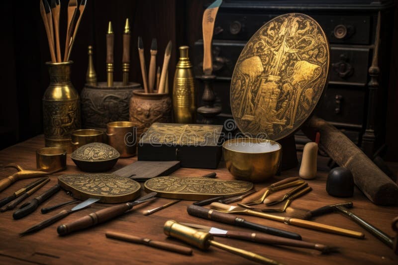 Artisans Tools for Gold Foil Beating Stock Illustration - Illustration ...