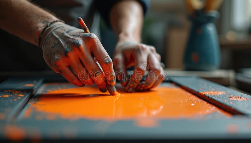 Artist Applies Orange Ink To Screen Printing Frame. the Screen Printing ...