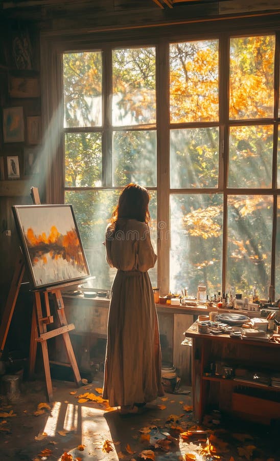 The Artist in the Autumn Workshop Stock Illustration - Illustration of ...