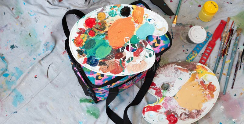 Artist Color Mixing Palette with Various Tools and Paints Stock Image ...