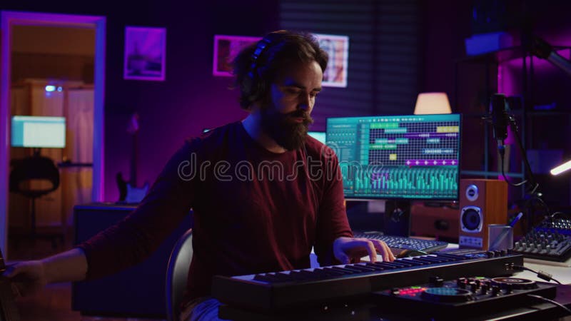 Artist Composing a Song on Electronic Piano Keyboard at Home Recording ...