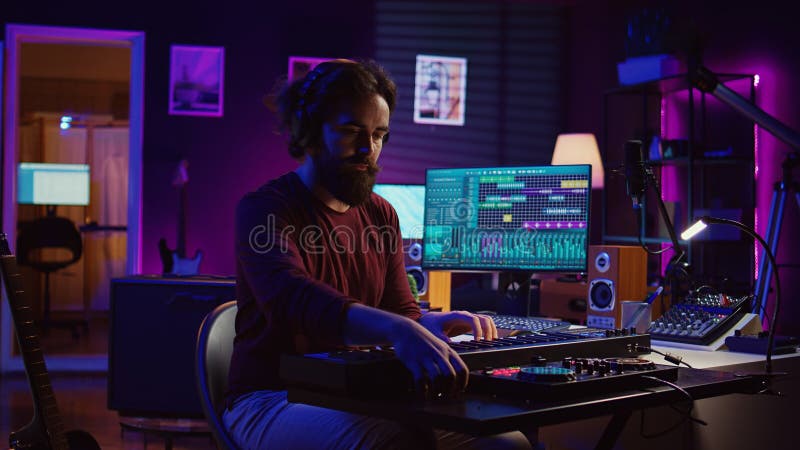 Artist Composing a Song on Electronic Piano Keyboard at Home Recording ...