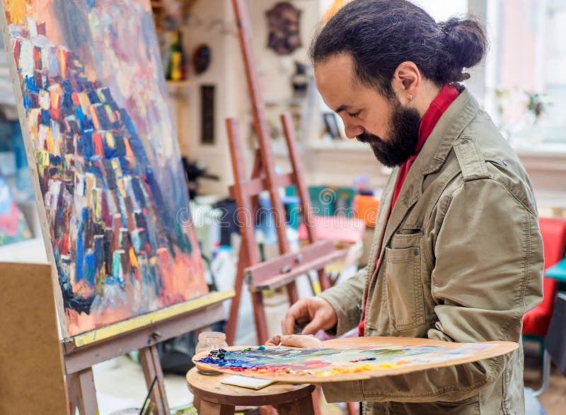 Artist Create His Picture in Studio Stock Image - Image of painting ...