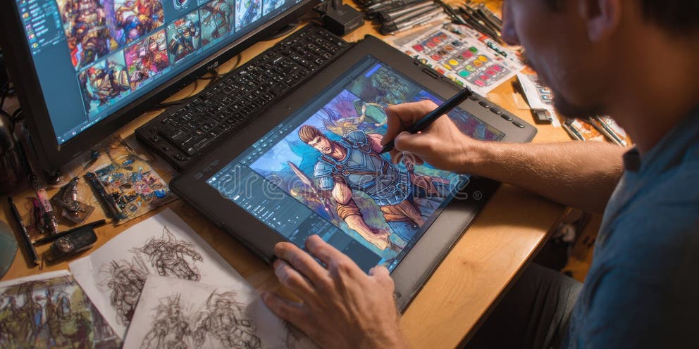 Artist Creates Digital Artwork at Workstation while Exploring Character ...