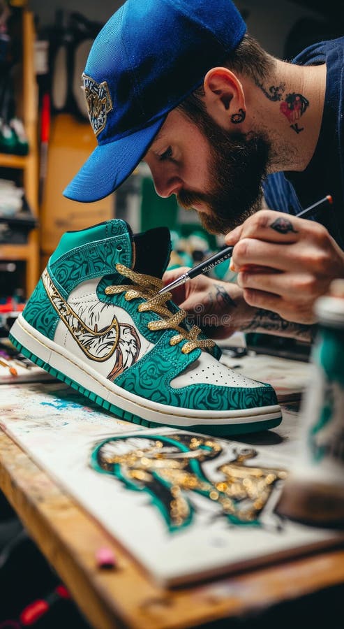 The Artist is Creating a Custom Sneaker Featuring a Hand-painted ...
