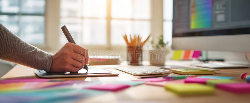 The Artist Creating Digital Designs in a Bright and Modern Workspace ...