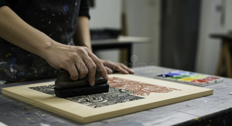 Artist Creating a Print by Using a Printing Block and Printing Tools on ...