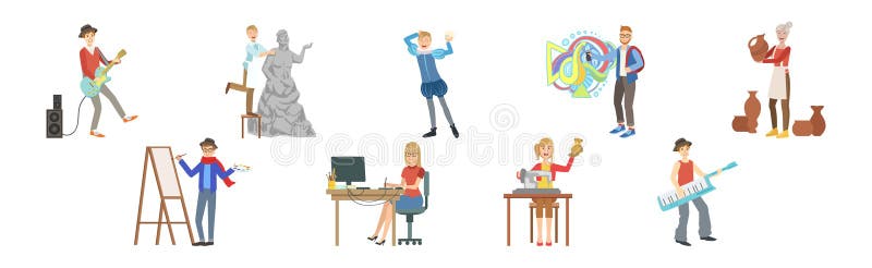 Artist and Creative People Character at Working Process Vector Set ...